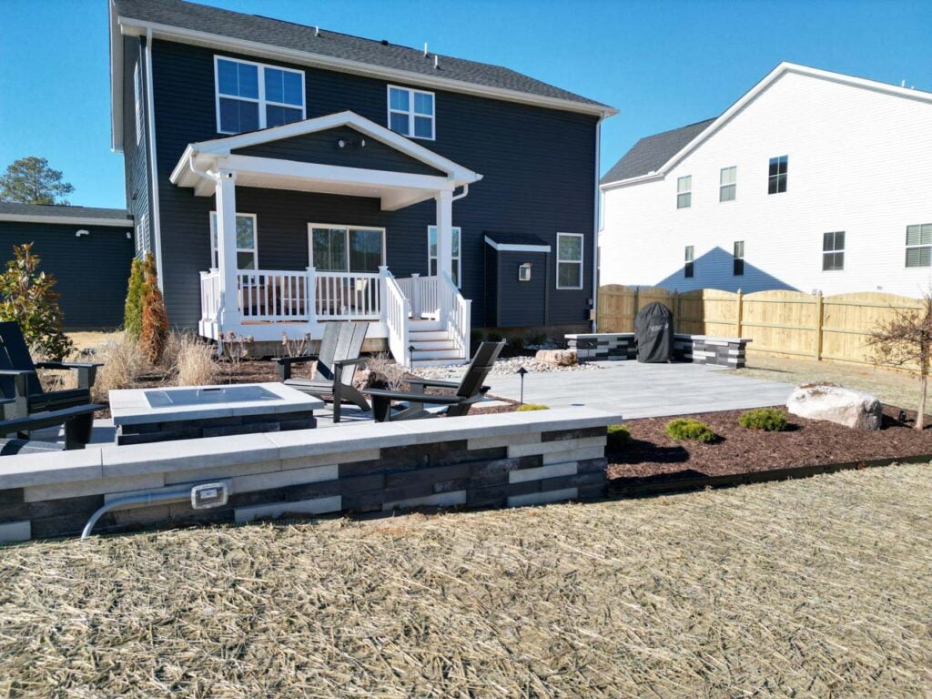 Contemporary Backyard Toano | Landscaping, Fire Pit, Lighting