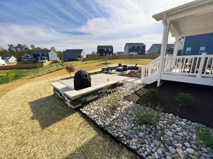 Contemporary Backyard Toano | Landscaping, Fire Pit, Lighting